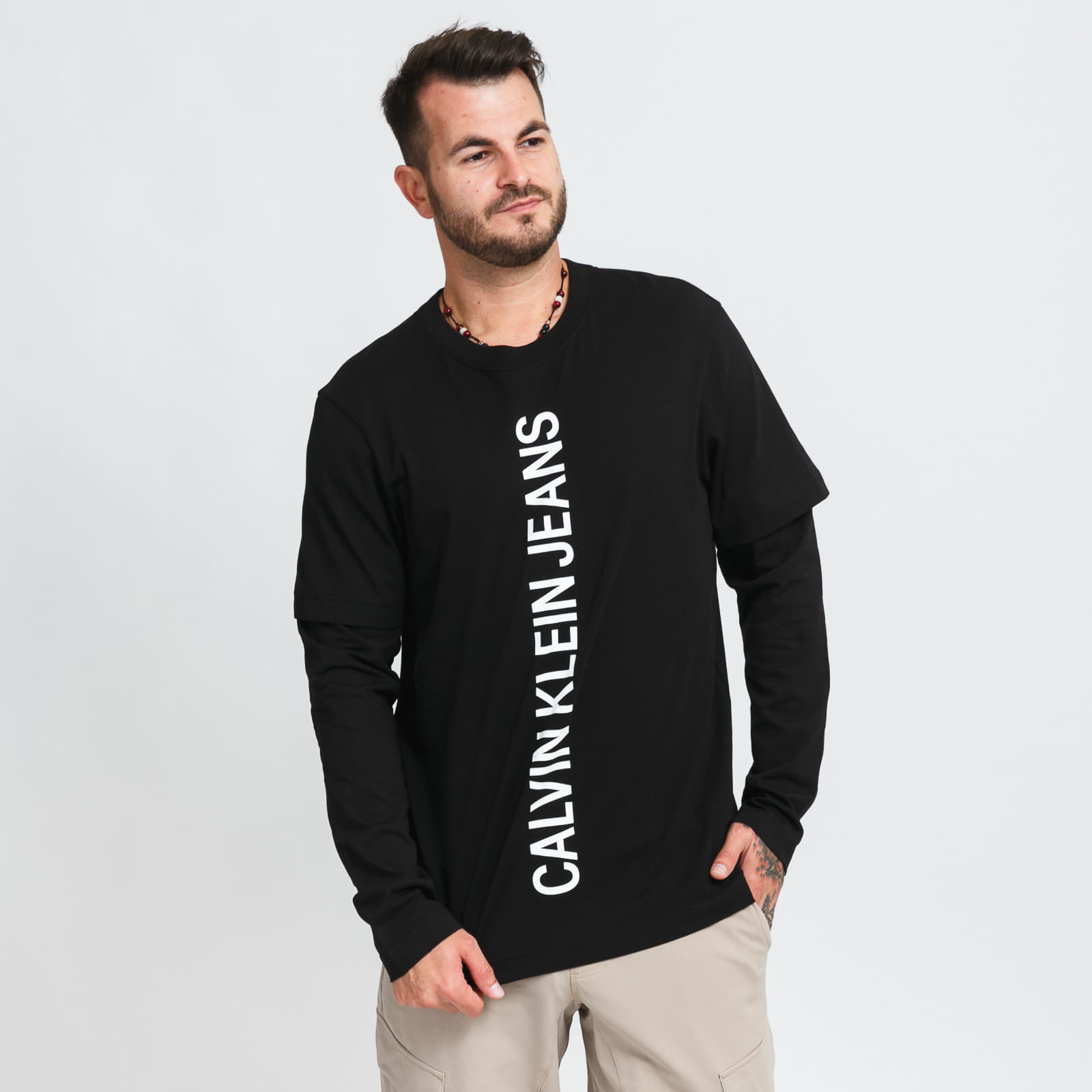 Tricouri CALVIN KLEIN JEANS Double Layer Vert LS Black Stone Washed ...