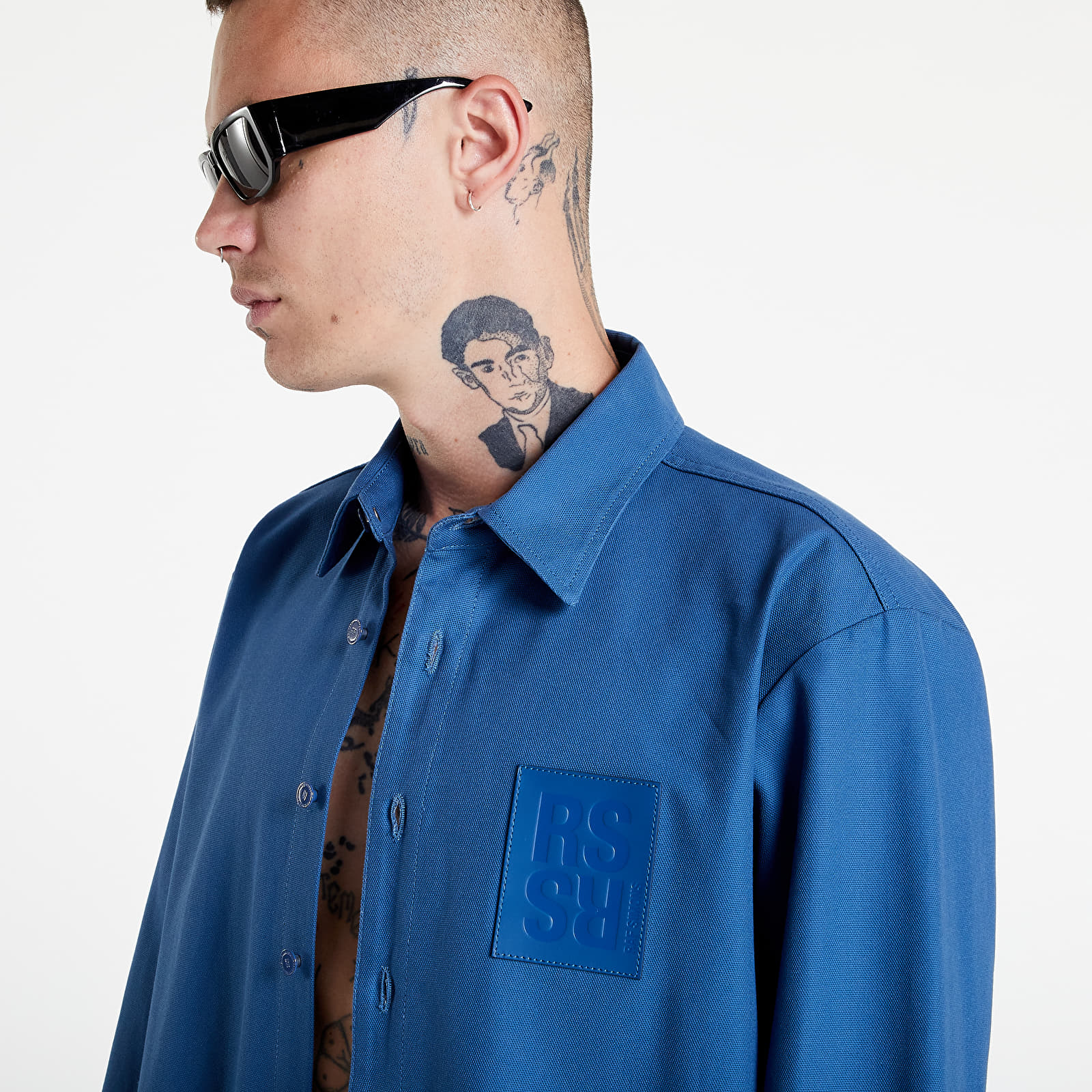 Raf Simons Straight Fit Denim Shirt With R Pin In Back Blue | Footshop