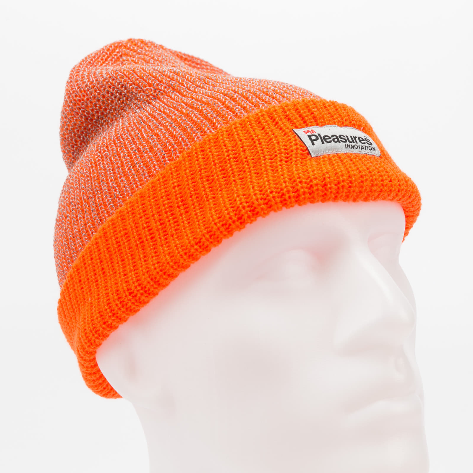 Hats PLEASURES Innovation Reflective Beanie Neon Orange/ Grey | Footshop
